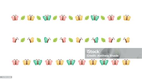 귀여운 나비 구분 기호 테두리 구분 장치 세트 봄 여름 자연 패턴 벡터 일러스트 디자인 계절에 대한 스톡 벡터 아트 및 기타 이미지 계절 곤충 귀여운 Istock