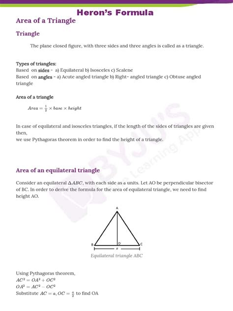 Herons Formula Class 9 Pdf Triangle Area