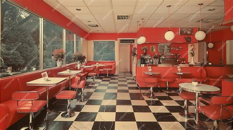 Retro Diner Interior Featuring Red Booths And Checkerboard Floor Design
