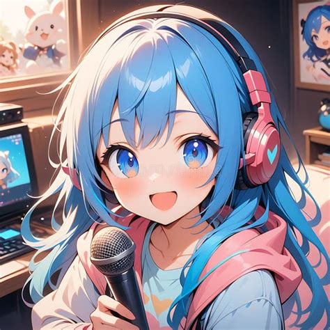 Cute Anime Girl Gamer Digital Illustration Of Happy Girl With Blue
