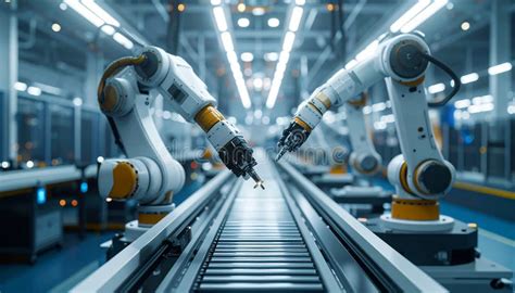 Industrial Robotic Arms On Automated Production Line In Factory Stock Illustration