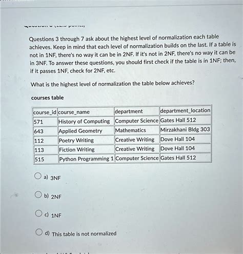 Questions 3 Through 7 Ask About The Highest Level Of Normalization Each Table Achieves Keep In