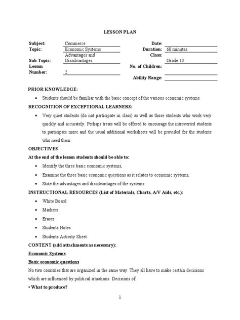 Lesson Plan Economic Systems Pdf Economic System Economics