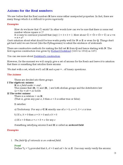 Axioms For The Real Numbers Field Mathematics Real Number