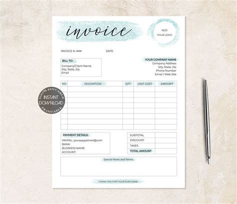 Invoice Template Invoice Printable Bill Template Photography Invoice Editable Billing Form