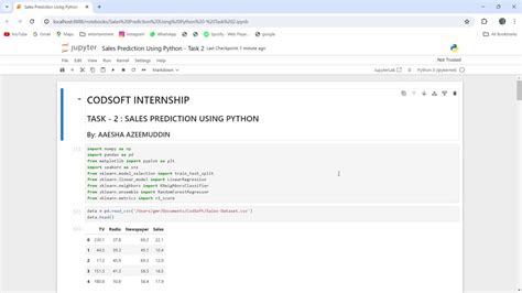 Aaesha A On Linkedin Task2 Codsoft Internship Datascience Machinelearning Salesprediction