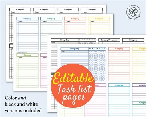 Printable Task List Editable List Page Color And Black Etsy