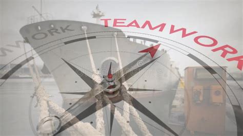 Animation Of Compass With Teamwork Text Over Shipyard Stock Video