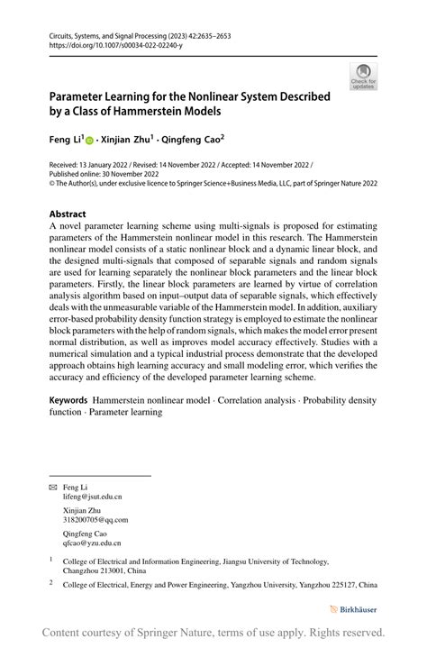 parameter learning for the nonlinear system described by a class of hammerstein models
