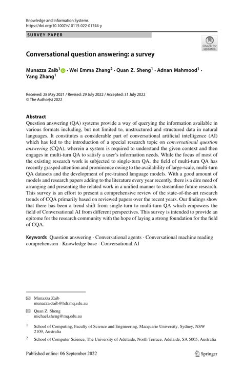 Pdf Conversational Question Answering A Survey