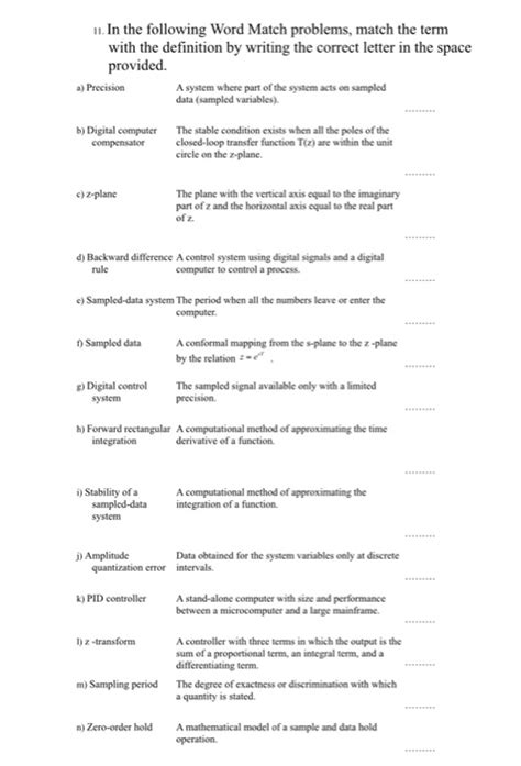 Solved 11 In The Following Word Match Problems Match The