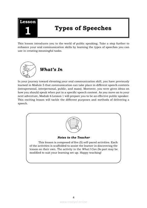 Oral Communication In Context Module 6 Types Of Speeches And Speech