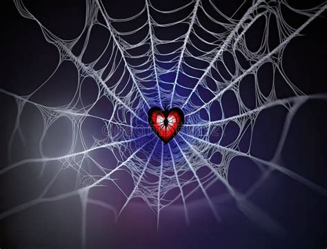 Red Heart Got Caught In Spider Web On Blurred Dark Background