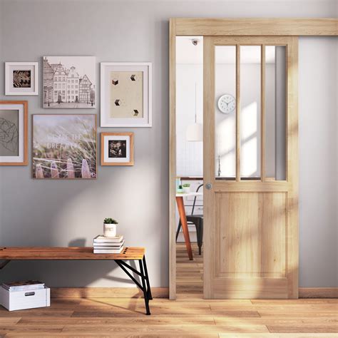 Porte Coulissante Bois Vitrée Bela Chêne Massif H204 X L83 Cm