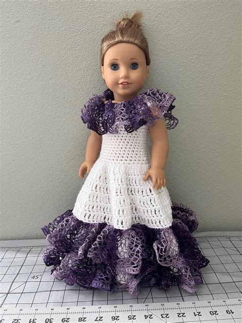 Crocheted Doll Dress For 18” Dolls Ballgown Style With Purple Lace