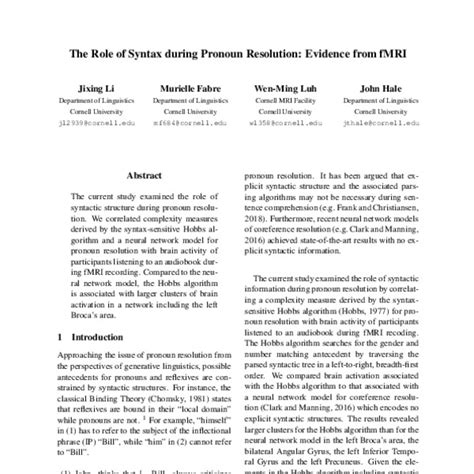 The Role Of Syntax During Pronoun Resolution Evidence From Fmri Acl Anthology