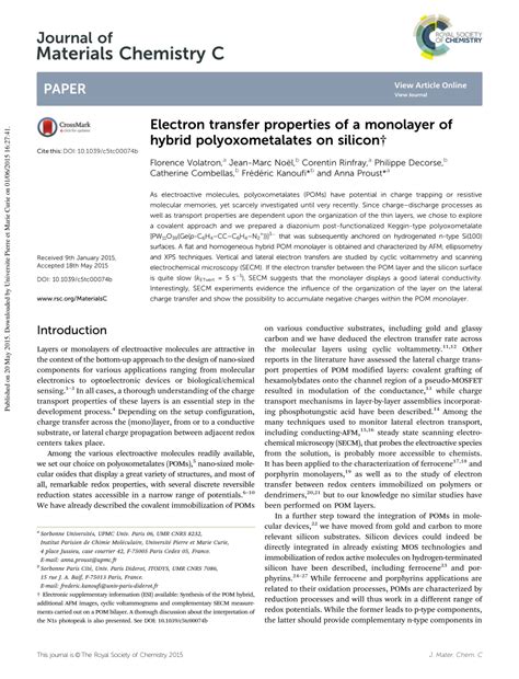 Pdf Electron Transfer Properties Of A Monolayer Of Hybrid