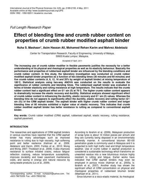 Effect Of Blending Time And Crumb Rubber Content On Properties Of Crumb Rubber Modified Asphalt