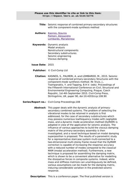 Pdf Seismic Response Of Combined Primary Secondary Structures With