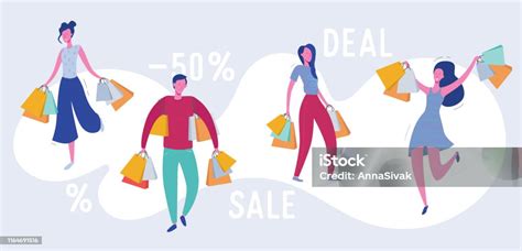 쇼핑 백과 선물을 가진 사람들의 집합입니다 남자와 여자 캐릭터 큰 판매 할인 및 광고 배너 전단지 벡터에서 프로모션 포스터 개념 일러스트 가방에 대한 스톡 벡터 아트 및
