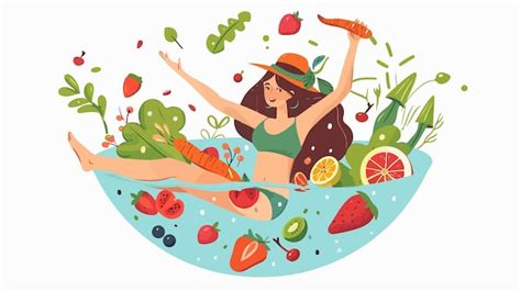 Плавающая женщина из мультфильма готовит здоровую еду Премиум Ai сгенерированный вектор