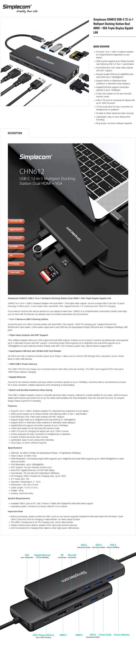 Simplecom CHN612 USB C 12 In 1 Multiport Docking Station With 100W PD CHN612 Mwave