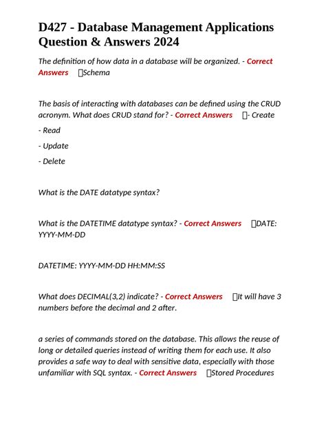 d427 database management applications question and answers 2024 exams nursing docsity