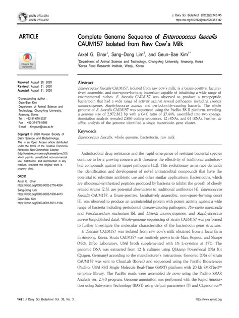 Pdf Complete Genome Sequence Of Enterococcus Faecalis Caum157 Isolated From Raw Cows Milk