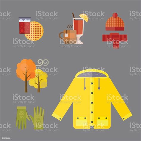 가 옷이을 도토리 잎 나무 모자 코트 비옷 파 카 양말 스카프 장갑 항목 설정의 컬렉션 부츠 Mulled 와인 벡터 일러스트 레이 션 가을에 대한 스톡 벡터 아트 및 기타