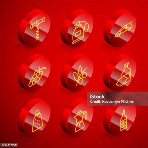 세트 라인 와인 코르크 나사 향수 스포츠 경주 용 자동차 포도 과일 올리브 지점 리몬첼로 병 강판과 커피 모카 냄비 아이콘 벡터 3차원 형태에 대한 스톡 벡터 아트 및 기타