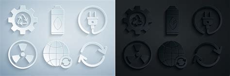 행성 지구와 재활용 전기 플러그 방사성 새로 고침 재활용 플라스틱 병 및 재활용 기호 기어 아이콘을 설정합니다 벡터 3차원