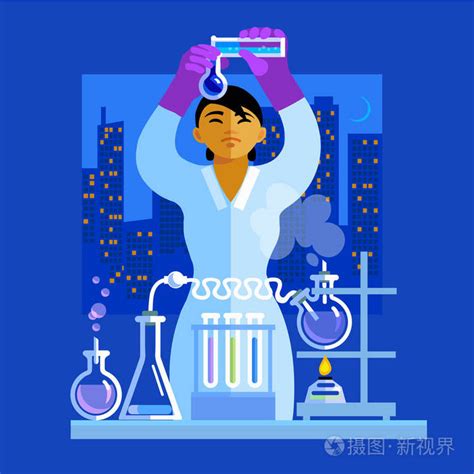 年轻漂亮的亚洲女科学家手持烧瓶 在实验室工作 学生正在学习化学。夜城窗外。卡通平面矢量插画插画 正版商用图片0qa87u 摄图新视界