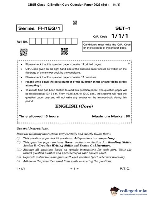 Class 12 English Core Question Paper 2023 Pdf