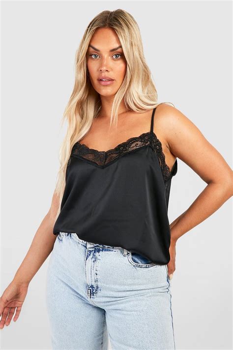 Black Plus Lace Trim Satin Cami Boohoo Uk