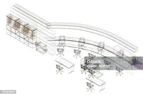 테이블 의자 및 컴퓨터가있는 객실의 와이어 프레임 부분 회로의 작업 사무실 공간 아이소메트릭 보기 벡터 일러스트레이션 사무실에