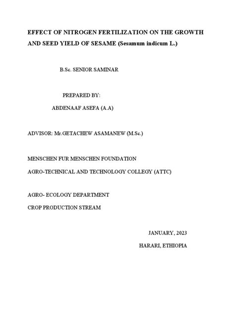 Effect Of Nitrogen Fertilization On The Growth And Seed Yield Of Sesame Sesamum Indicum L