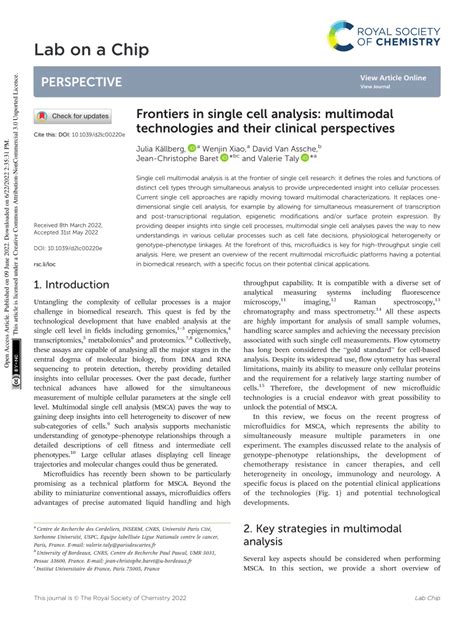 Pdf Frontiers In Single Cell Analysis Multimodal Technologies And