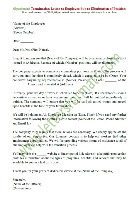 Termination Letter To Employee Due To Elimination Of Position