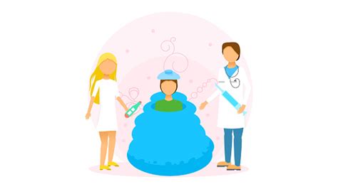 추상 플랫 여성과 아픈 환자 응급 처치 만화 사람들 캐릭터 개념 일러스트 벡터 디자인 스타일을 돌보는 남자 의사 Polycystic Ovary Syndrome에 대한 스톡