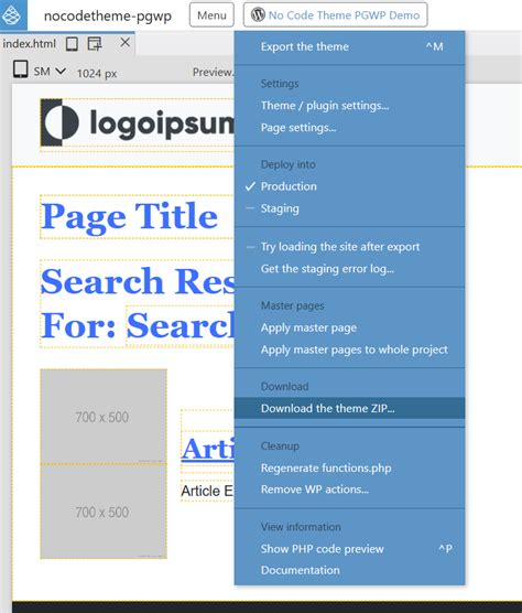 Export Theme Plugin Or Project From Pinegrow Web Editor Feature