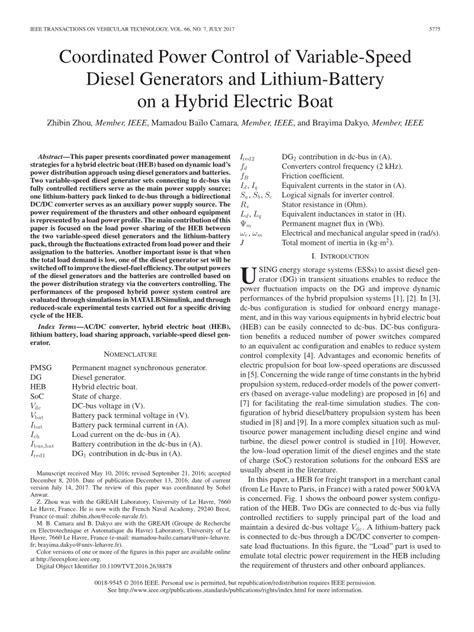Pdf Coordinated Power Control Of Variable Speed Diesel Generators And Lithium Battery On A