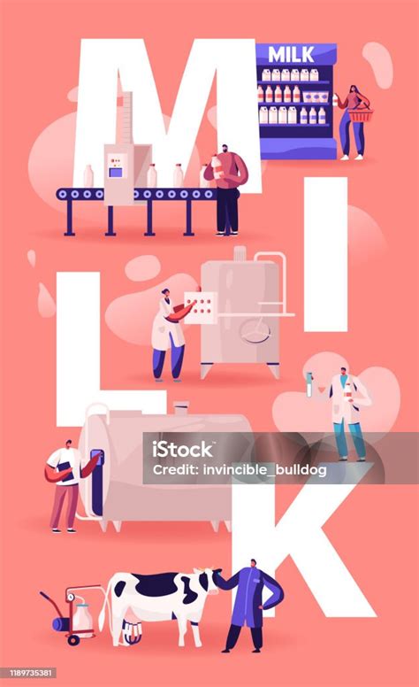 우유 생산 제조 개념 컨베이어 단계 프로세스 유제품 식품 기계 공장 플라스크에서 음료 품질을 테스트 제품 산업 포스터 배너 전단지 브로셔 만화 플랫 벡터 일러스트 슈퍼마켓에