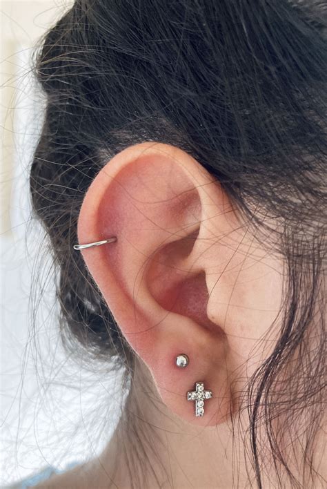 Double Stacked Earlobe And Helix Piercings Ear Piercings Helix Ear