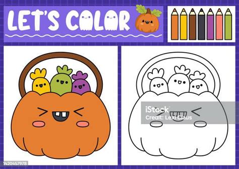 귀여운 카와이 호박 과자를 가진 아이들을위한 할로윈 색칠 공부 페이지 벡터 가을 휴가 개요 일러스트레이션 컬러 예제가있는 어린이를위한 컬러 북 그리기 기술 인쇄 가능한