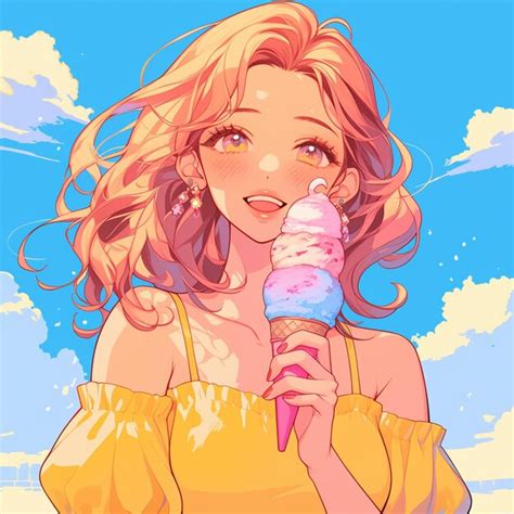 Anime Girl Holding A Pink Ice Cream Cone In Front Of A Blue Sky Generative Ai Premium Ai