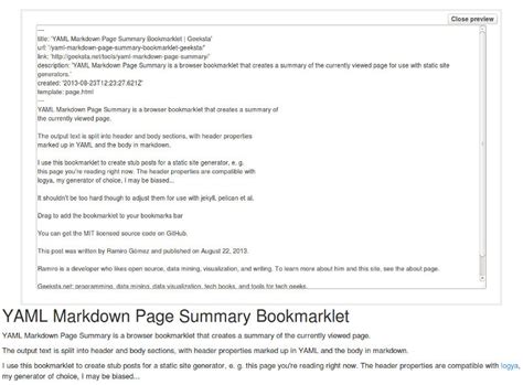 Yaml Markdown Page Summary Bookmarklet Geeksta