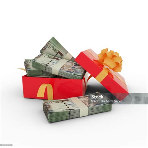 열린 빨간 선물 상자 안에 바베이도스 달러 지폐가 쌓여 있습니다 선물 상자 안에 바베이도스 달러 묶음 흰색 배경에 고립 된 상자 안의 돈의 3d 렌더링 바베이디안 달러 0