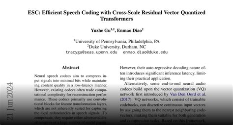 paper page esc efficient speech coding with cross scale residual vector quantized transformers