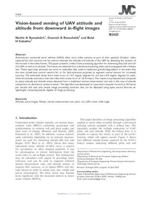 Pdf Vision Based Sensing Of Uav Attitude And Altitude From Downward In Flight Images