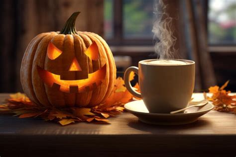 premium ai image spooky java delights a halloween pumpkin graces the coffee table ai generates